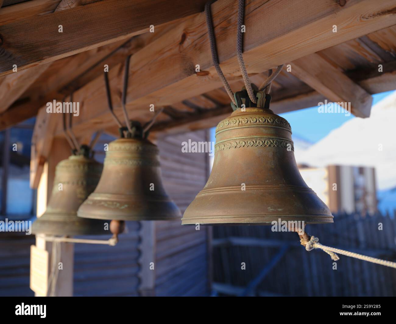 Bells of Russian orthodox church. Russian coal mining town Barentsburg ...