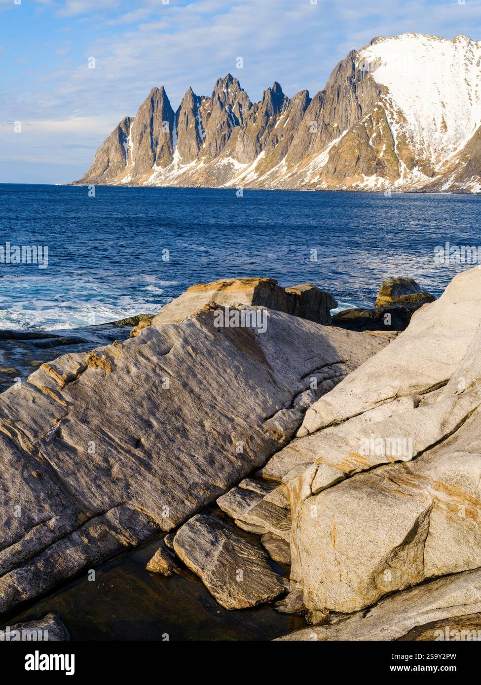 Coastal landscape at Tungeneset and the peaks Okshornan (Devils Teeth ...