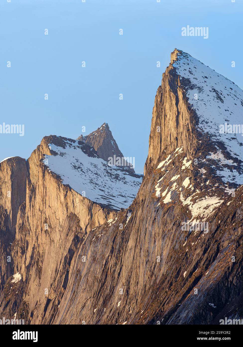 Landscape in Mefjorden, the iconic peaks of Mt. Segla and Mt. Hesten ...