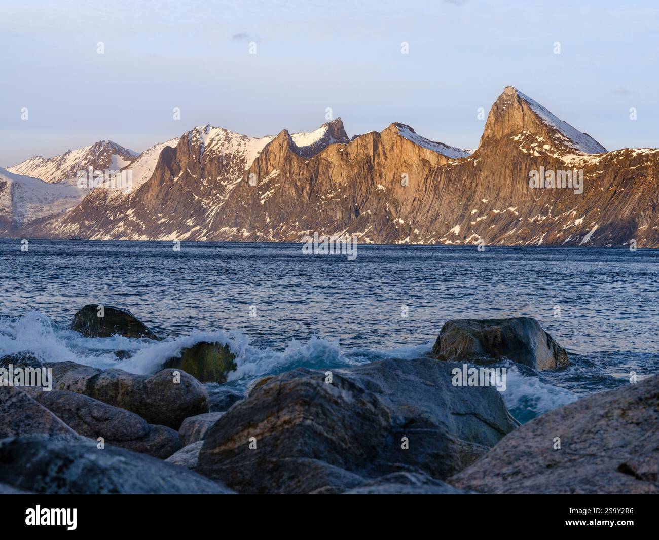 Landscape in Mefjorden, the iconic peaks of Mt. Segla and Mt. Hesten ...