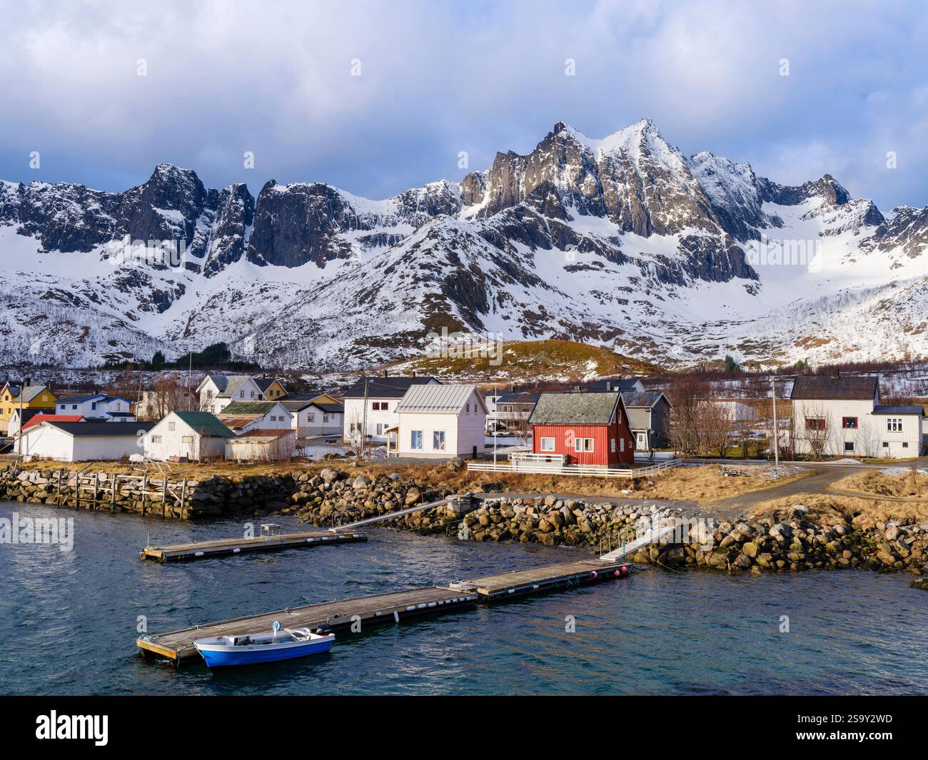 Village Mefjordvaer. The Senja island during winter in the north of ...