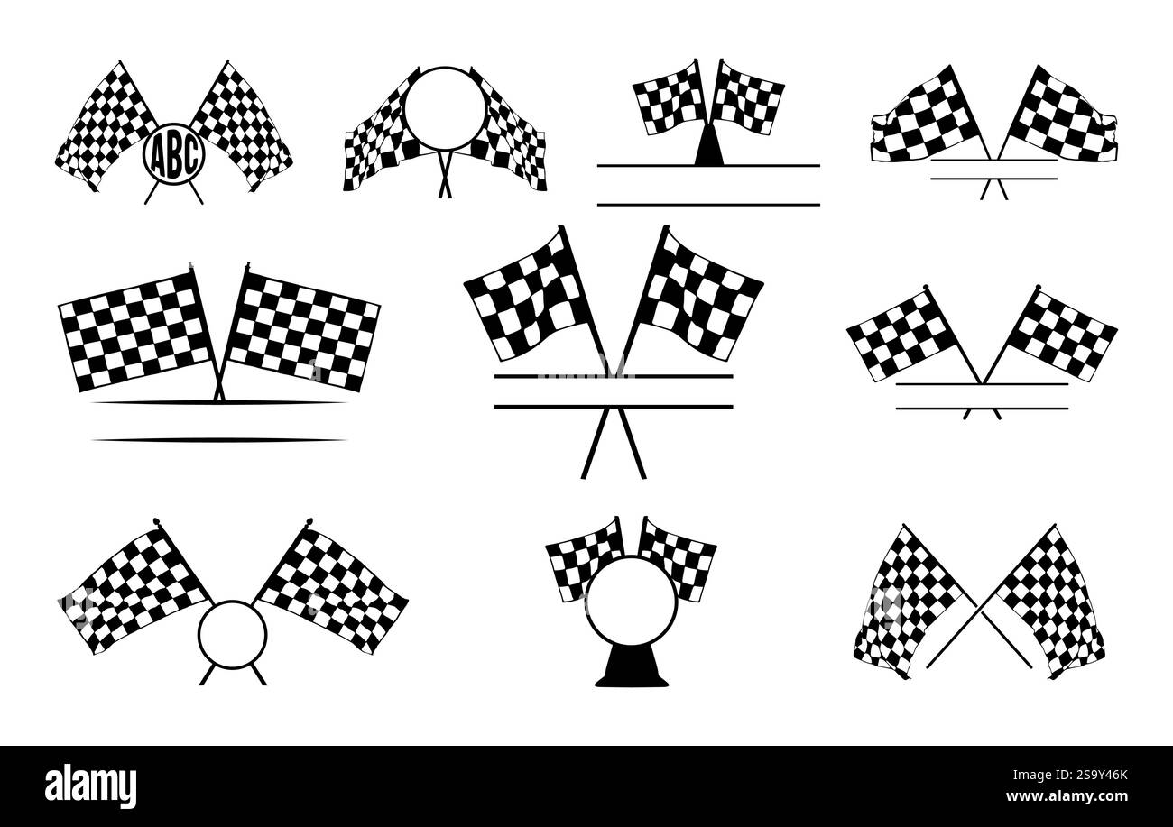 Checkered flag monogram, Crossed race flag vectors, Checkered flag monogram silhouette, Crossed ...
