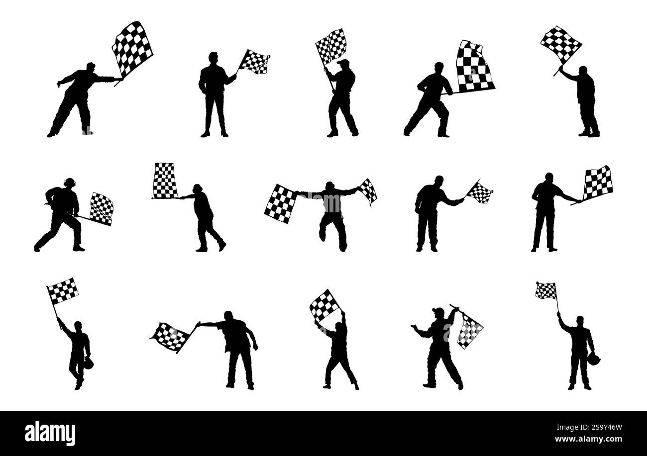 Man waving checkered flag silhouette, Man waving racing flag vectors, Waving checkered flag ...