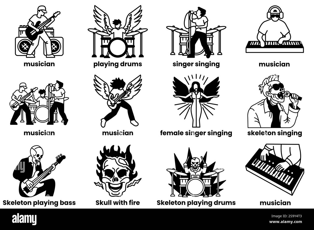 A set of illustrations in the concept of rockers and bands in a line ...