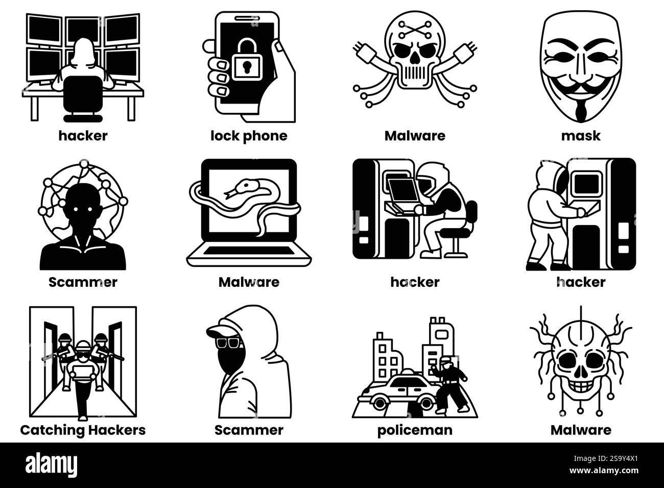 A set of illustrations in the concept of hackers in a line style Stock ...