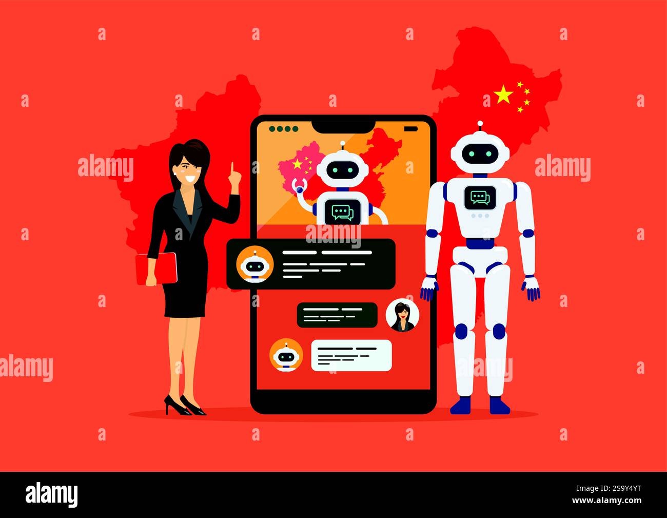 Business chinese woman is talking or chatting with chat bot. Artificial Intelligence. Vector ...