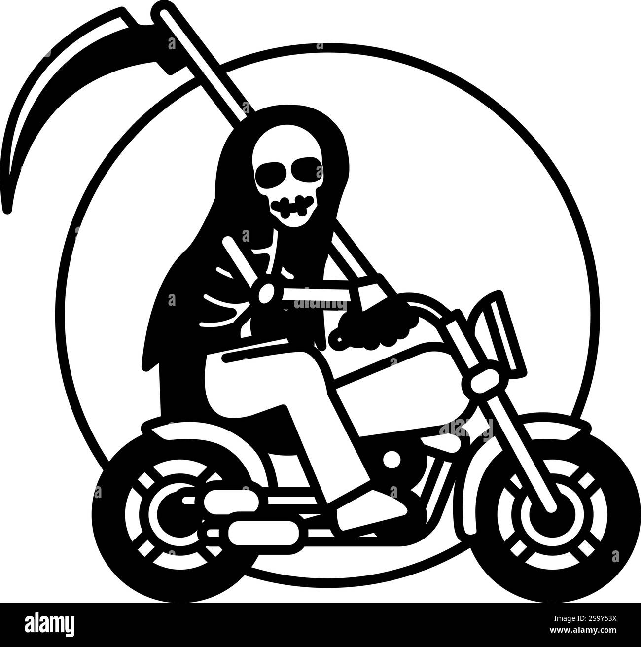 A skeleton is riding a motorcycle. The skull is holding a scythe. The ...