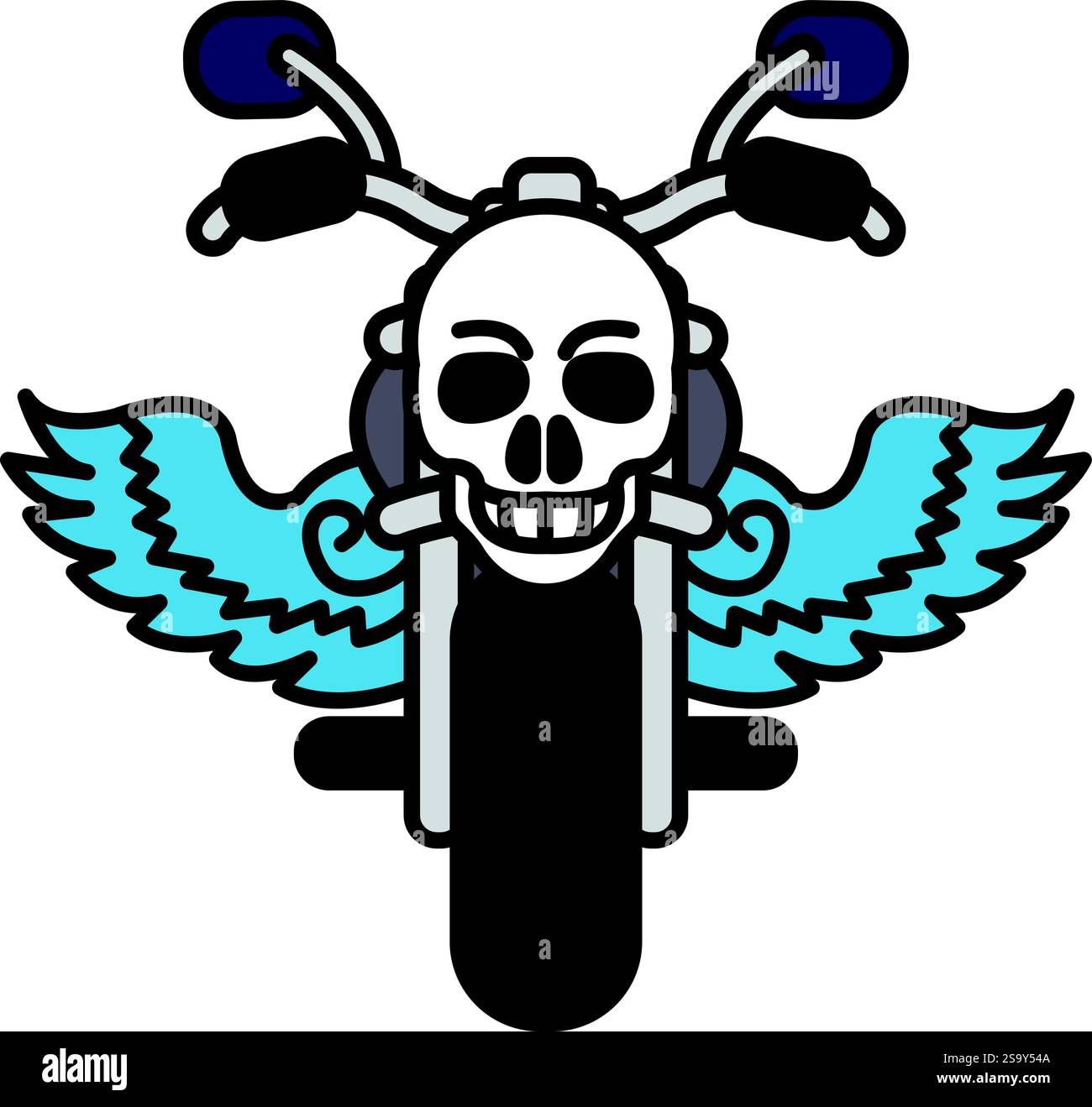 A motorcycle with a skull on it and wings. The skull is smiling and the ...