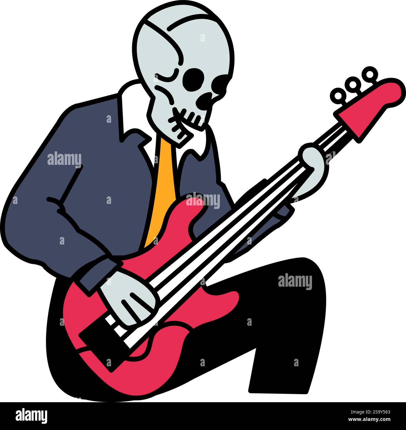 A skeleton is playing a guitar. The skeleton is wearing a tie and a ...