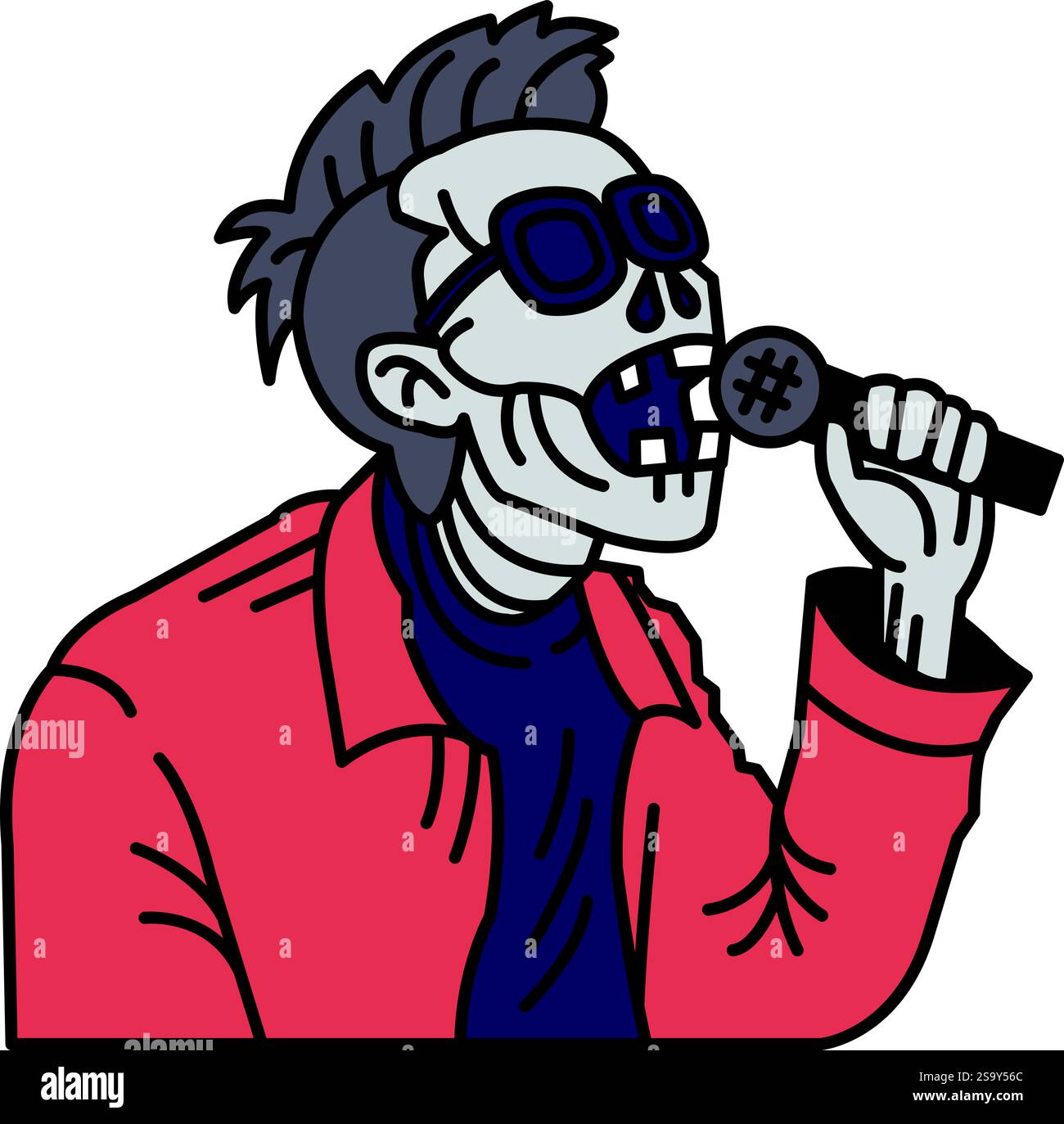 A skeleton singing into a microphone. The skeleton is wearing a red ...