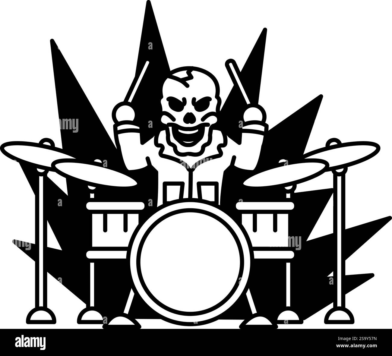 A skull playing drums with a black and white background. The skull is ...