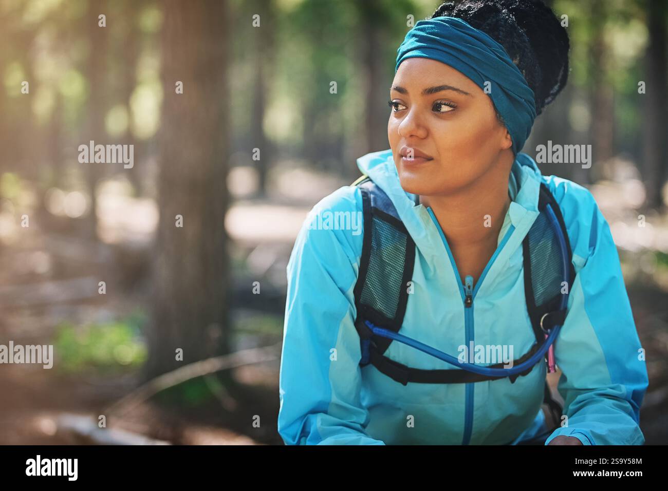 Health, hiking and thinking with woman in forest for adventure, vision ...