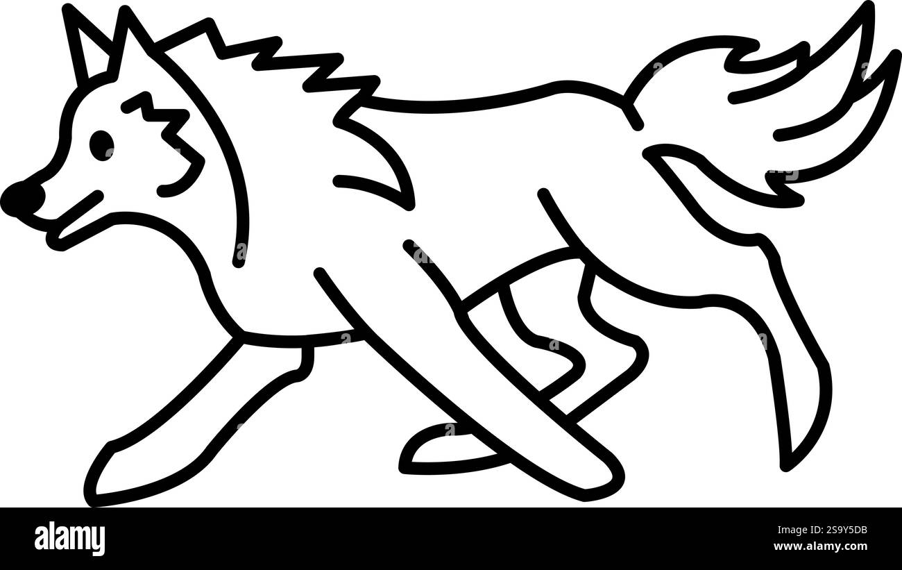 A black and white drawing of a wolf running. The wolf has a happy ...