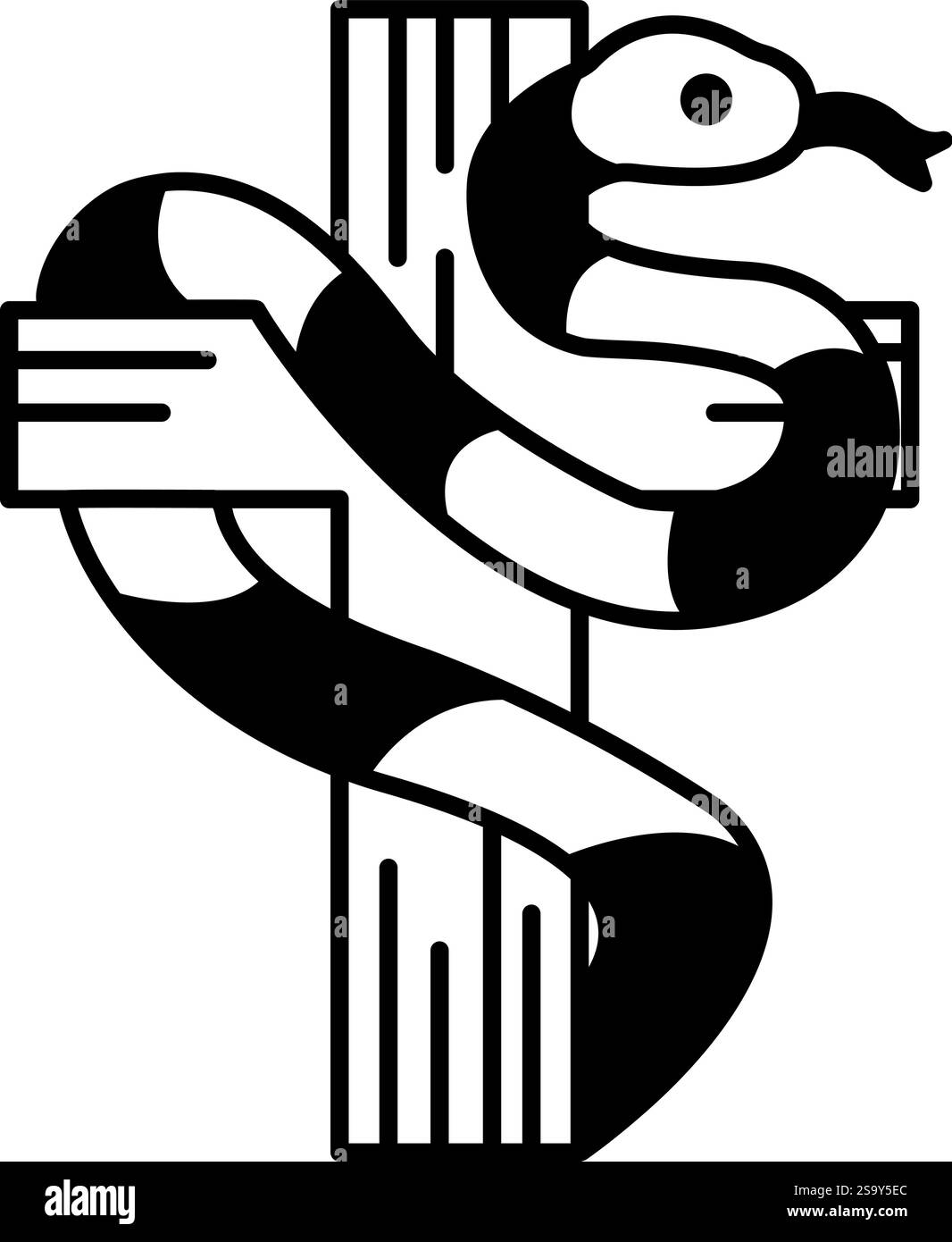 A cross with a snake wrapped around it. The snake is black and white ...