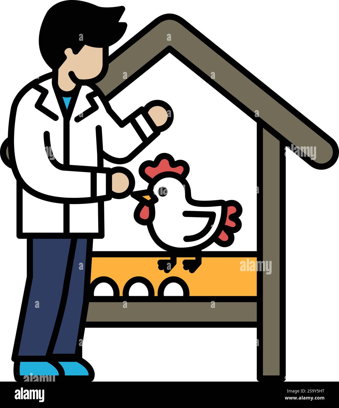A man in a white lab coat is feeding a chicken. The chicken is laying ...