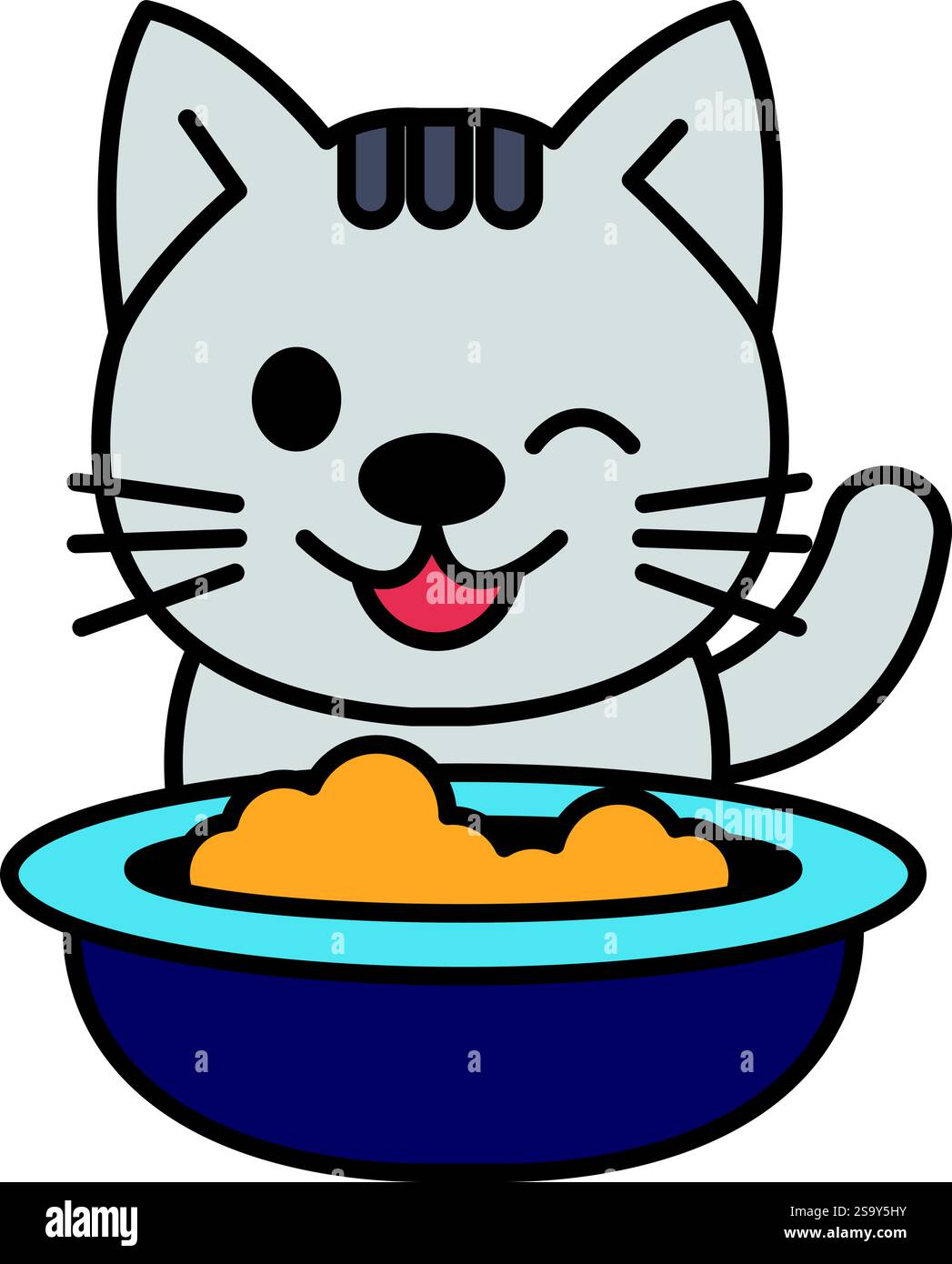 A cartoon cat is eating food from a bowl. The cat is smiling and has ...