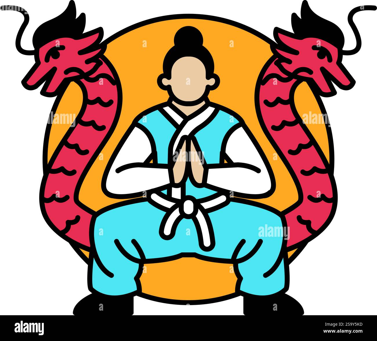 A man in a blue karate uniform is shown kneeling down in front of two ...