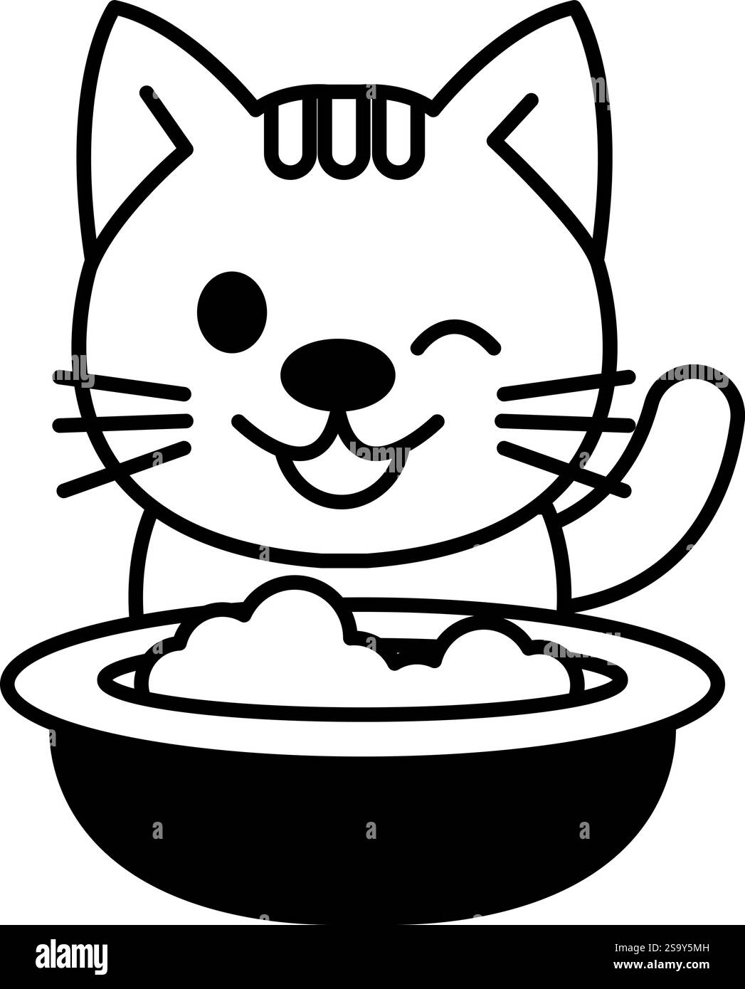 A cat is eating food from a bowl. The cat is smiling and has a tongue ...