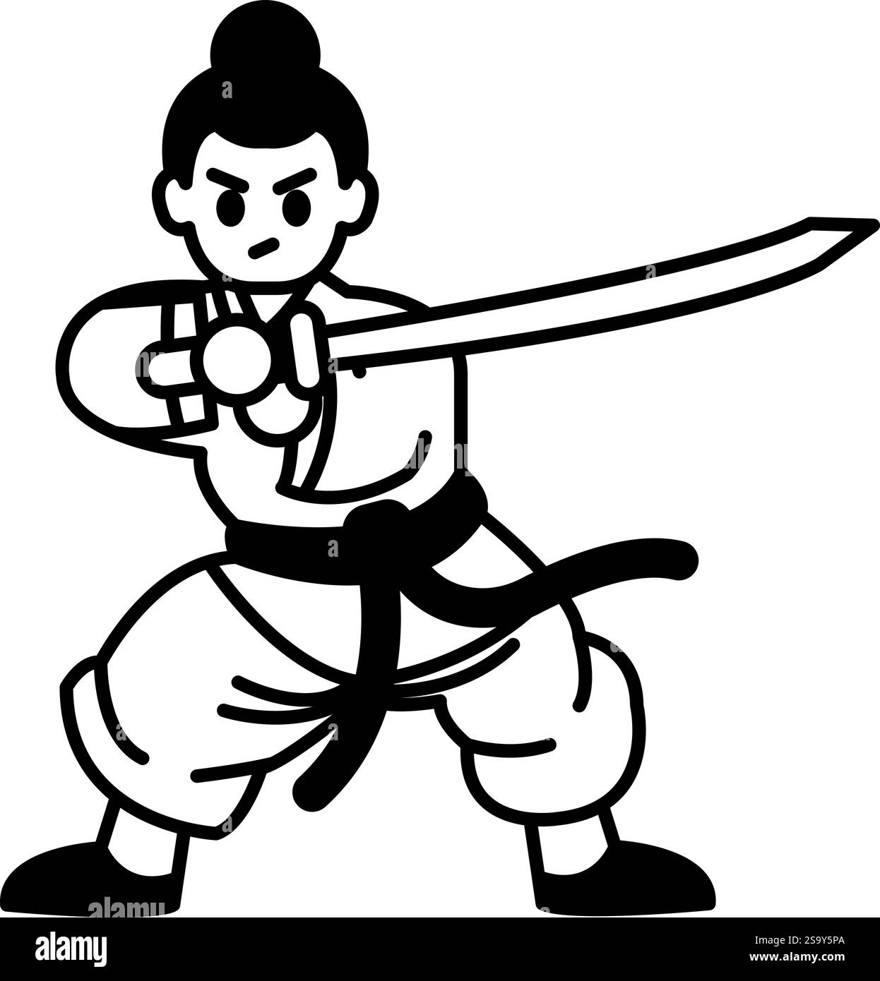 A black and white drawing of a man in a karate uniform holding a sword ...