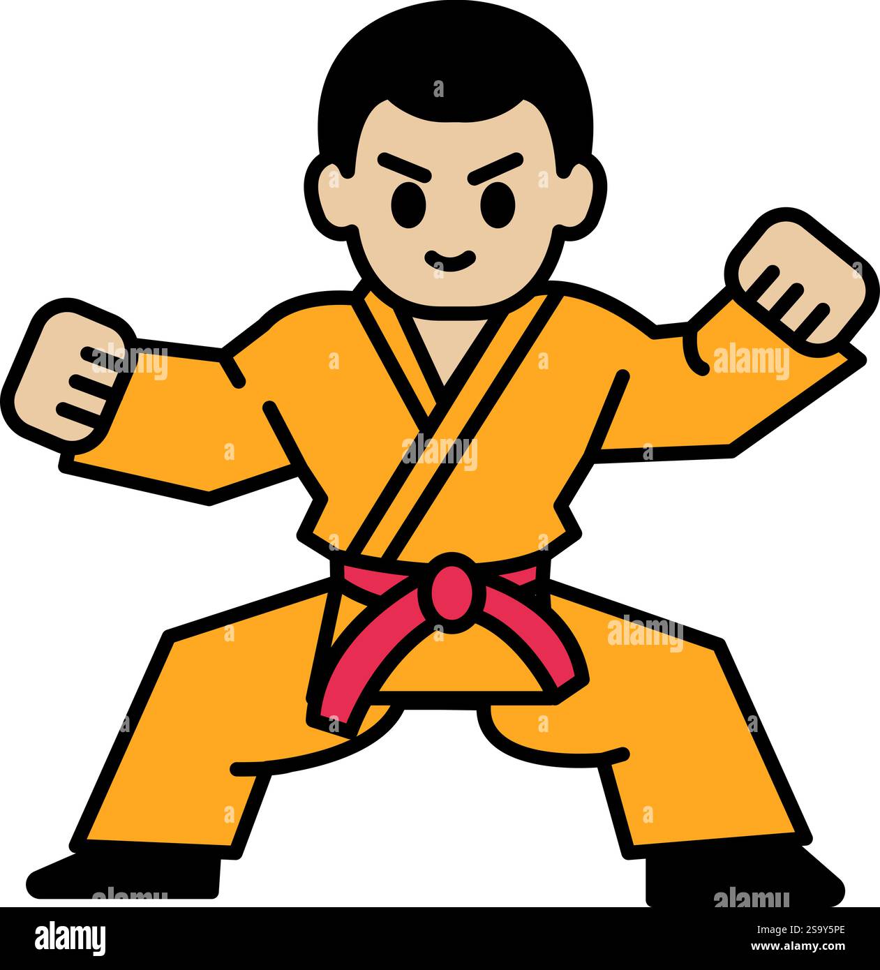 A cartoonish drawing of a man in a yellow karate uniform with red belt ...