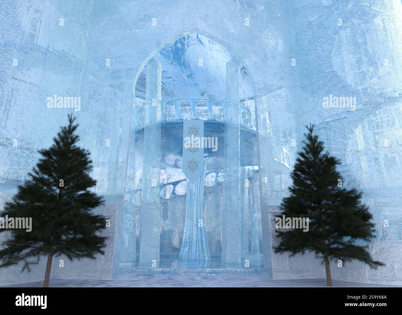 3D illustration of an ice palace, showcasing intricate ice architecture ...
