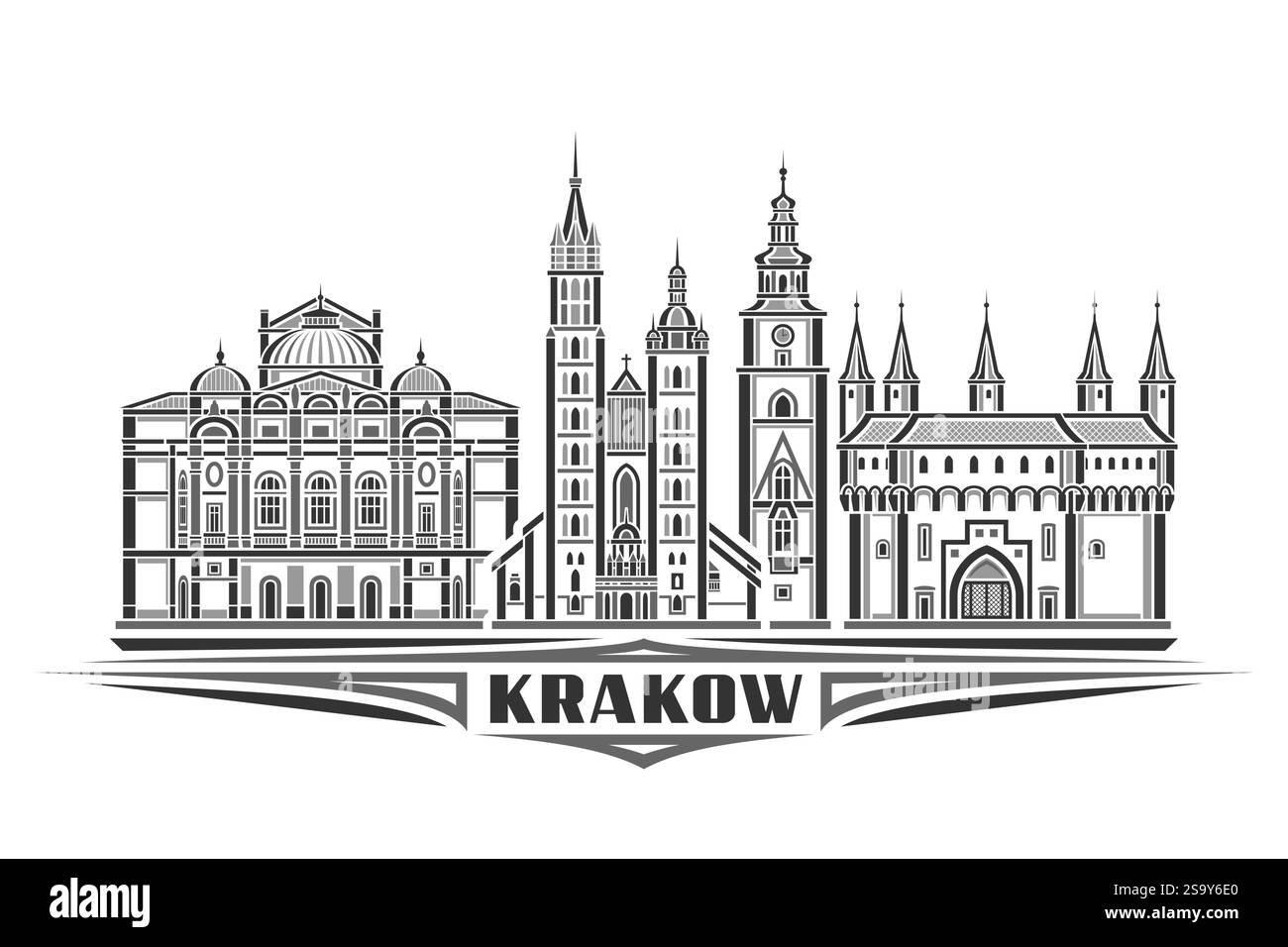 Vector illustration of Krakow, monochrome horizontal card with linear design krakow city scape ...