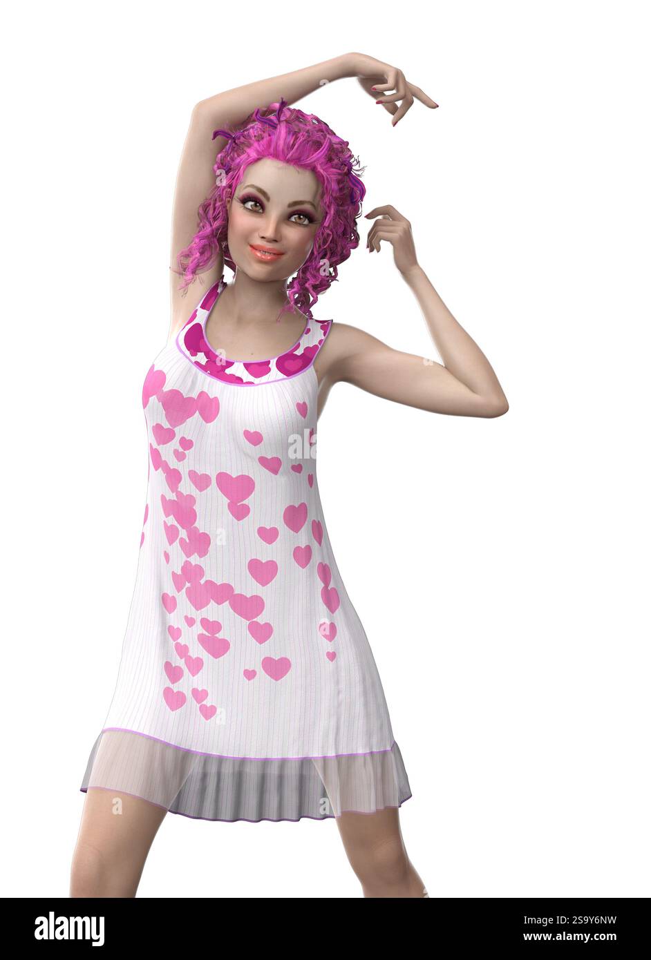 Abstract 3D rendering of a girl with pink curly hair in a heart ...