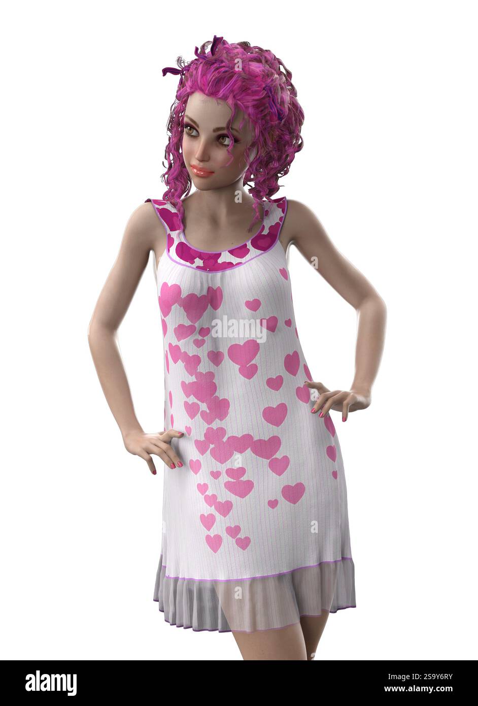 Abstract 3D rendering of a girl with pink curly hair in a heart ...