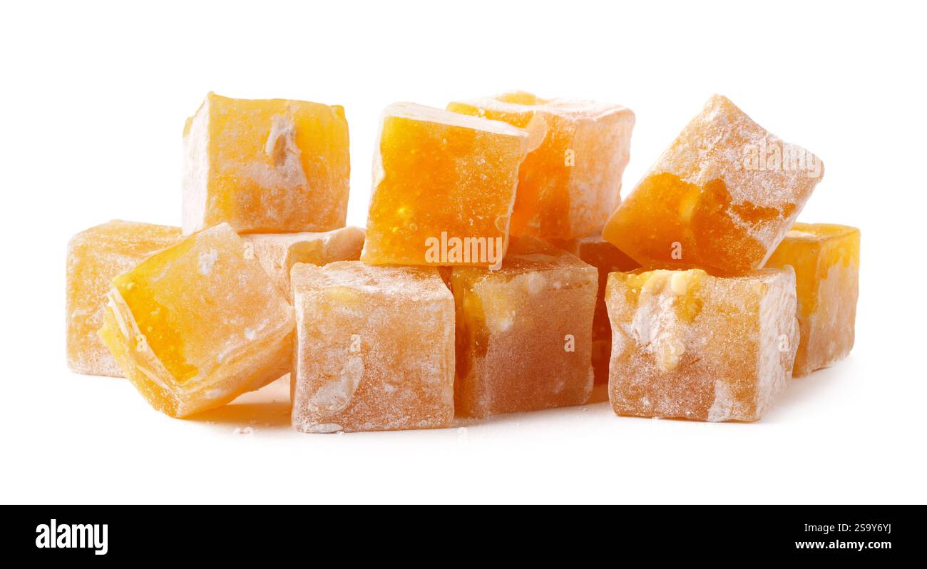 Natural cubed candy made from fruit and sugar displayed on a white ...