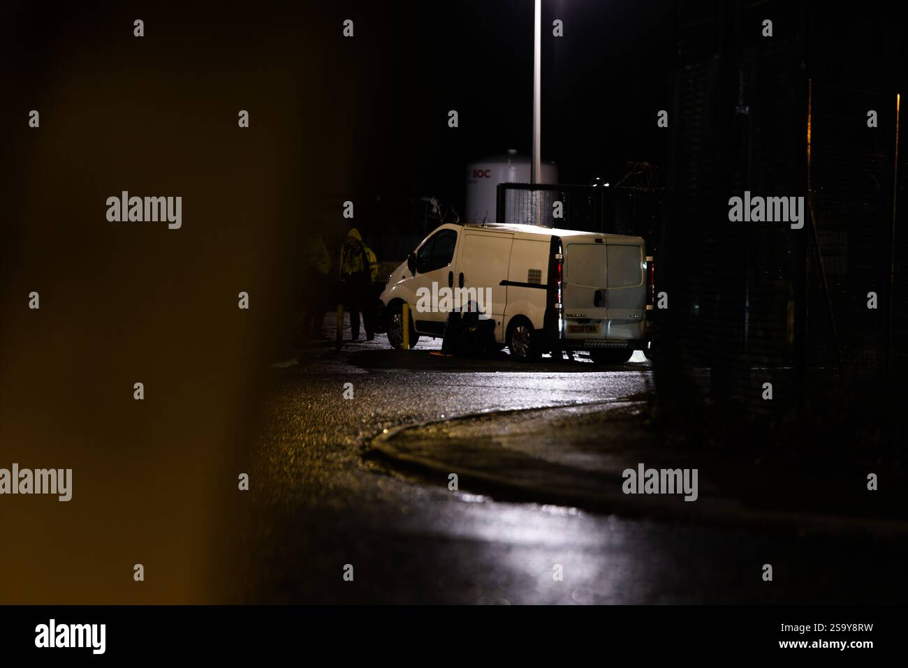 Shipley, UK. 28 JAN, 2025. Van blocks entry way to Teledyne factory in ...