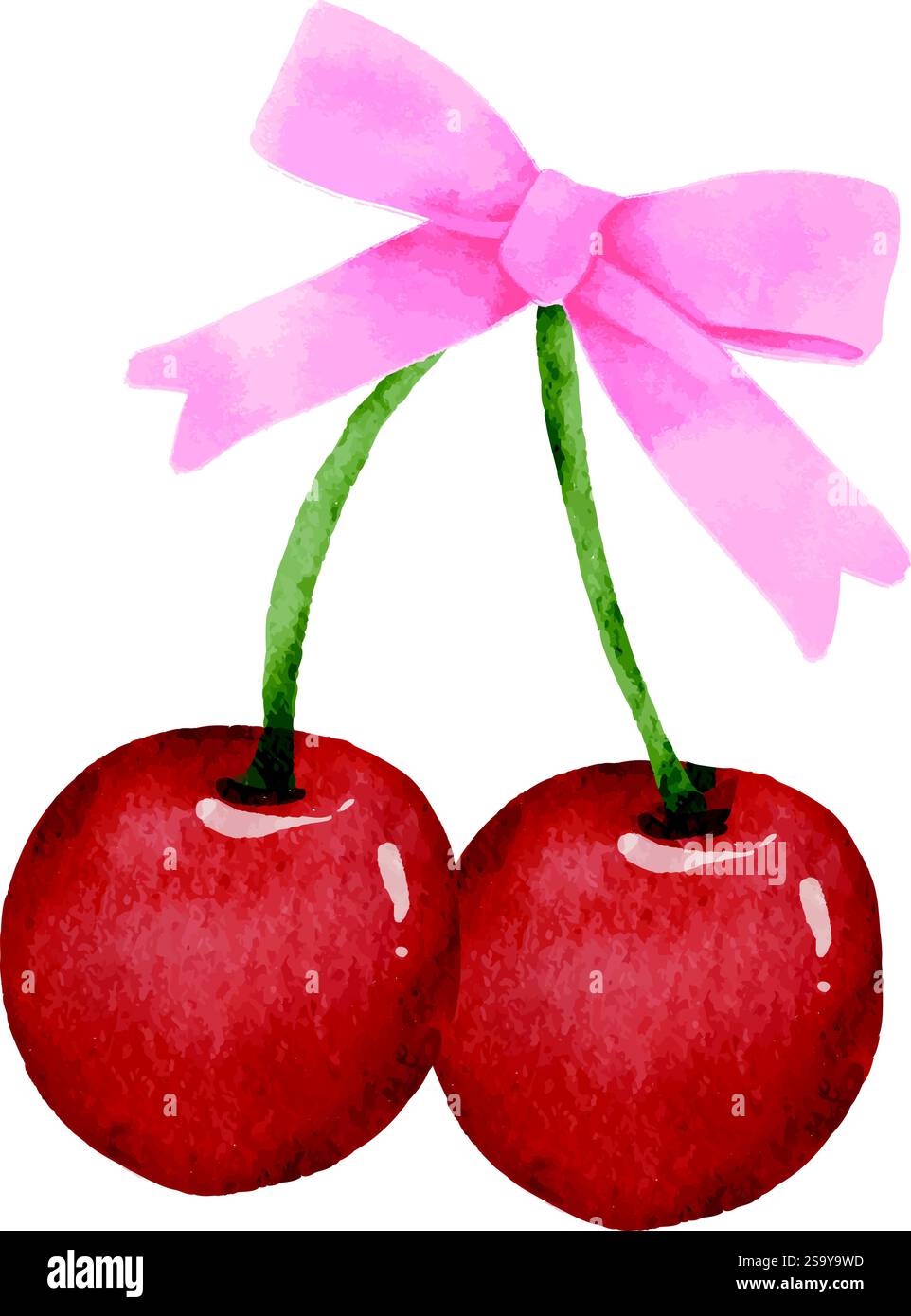 Watercolor Cherry bow vector, Vector watercolor cherries with a red bow ...