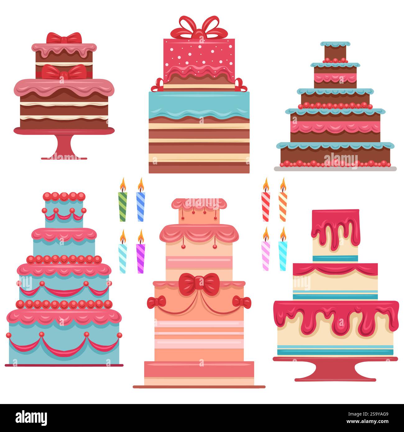 Vector festive set of cakes and candles in flat style. Collection of ...