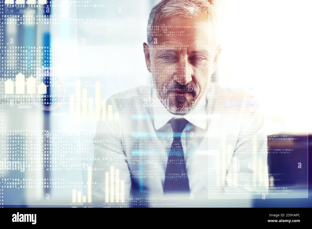 Business man, code and hologram with graphs, reading and programming with overlay for futuristic ...