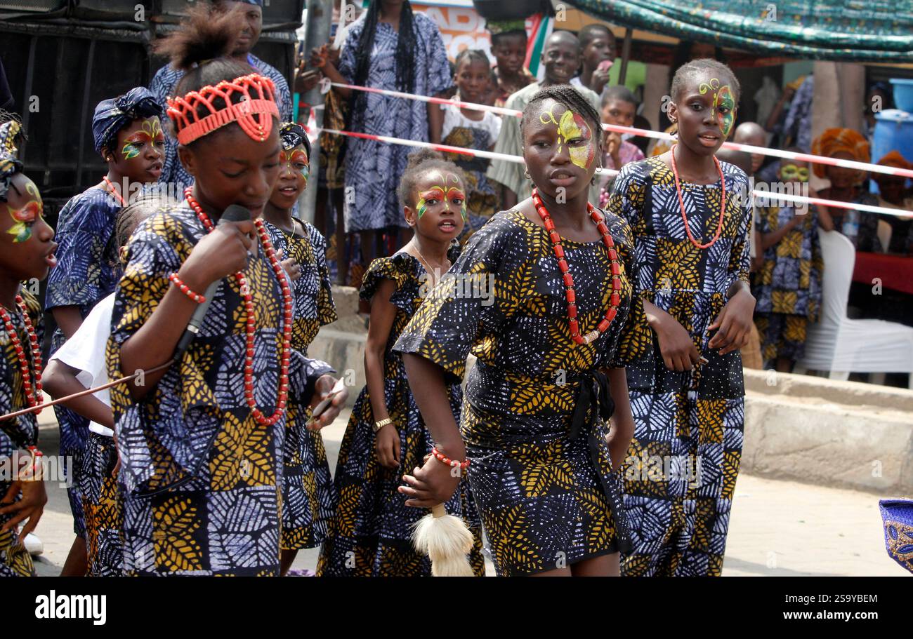 Children dressed in Adire parade in front of Adire Mall during the grand finale of the 2025 ...
