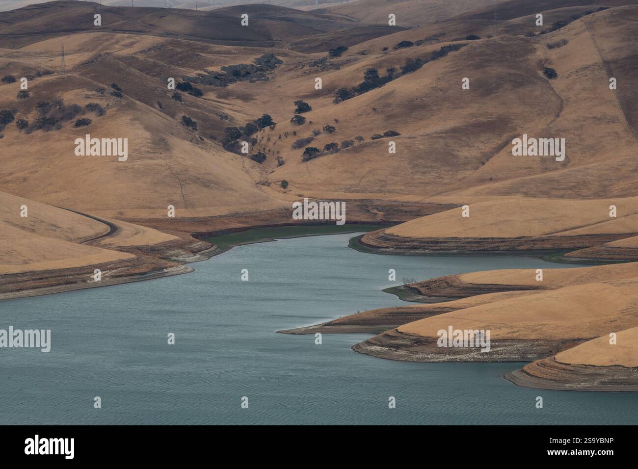 A landscape of Los Vaqueros reservoir holding fresh water in Northern ...