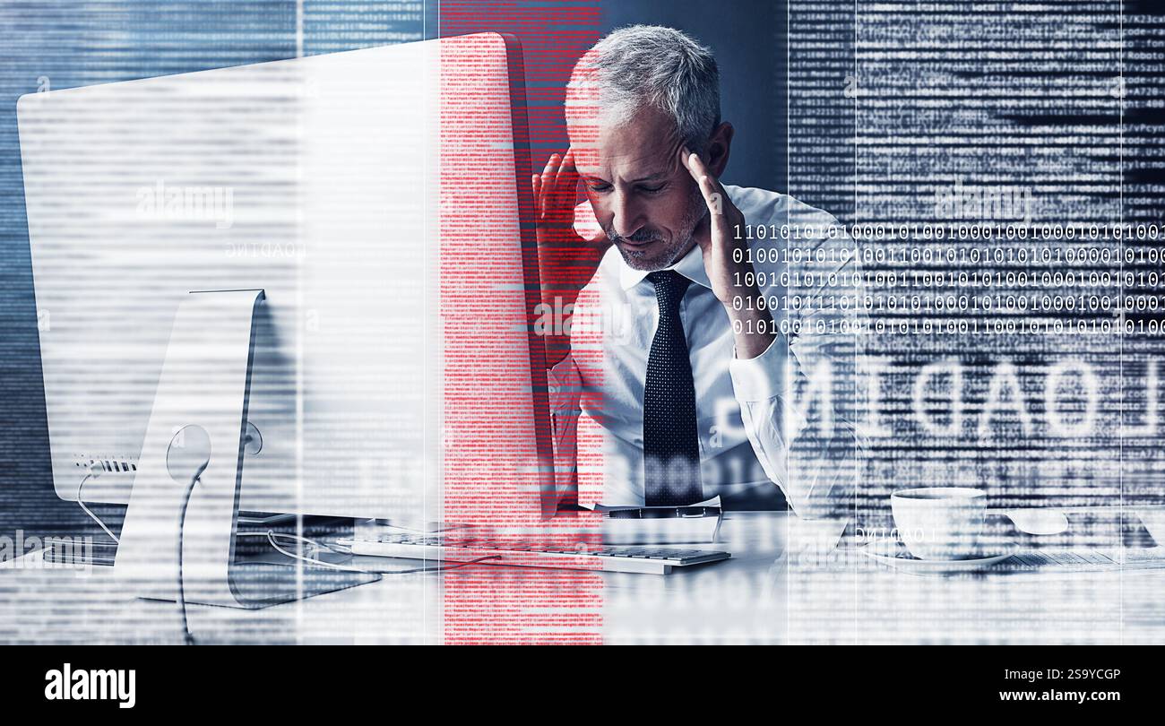 Business man, stress and overlay with code, glitch and headache by ...