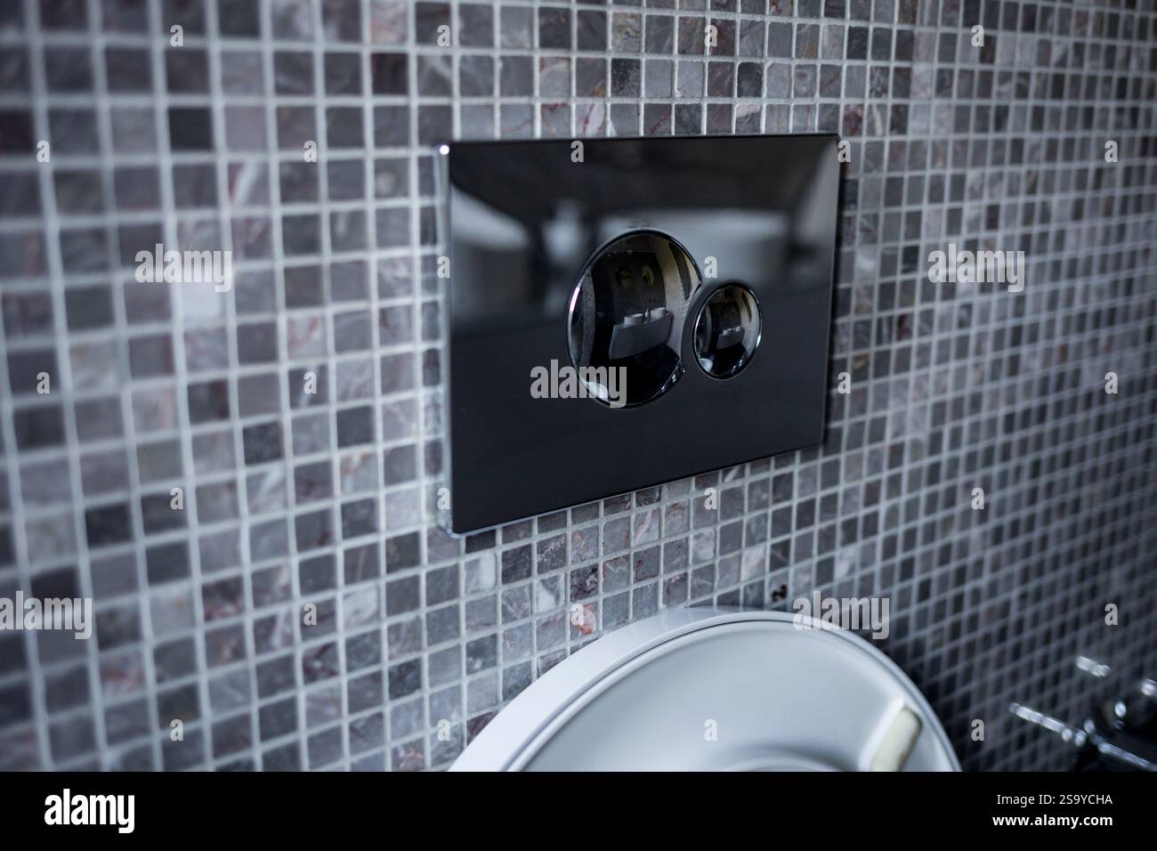 Sleek modern dual flush toilet plate in dark chrome against minimalist ...