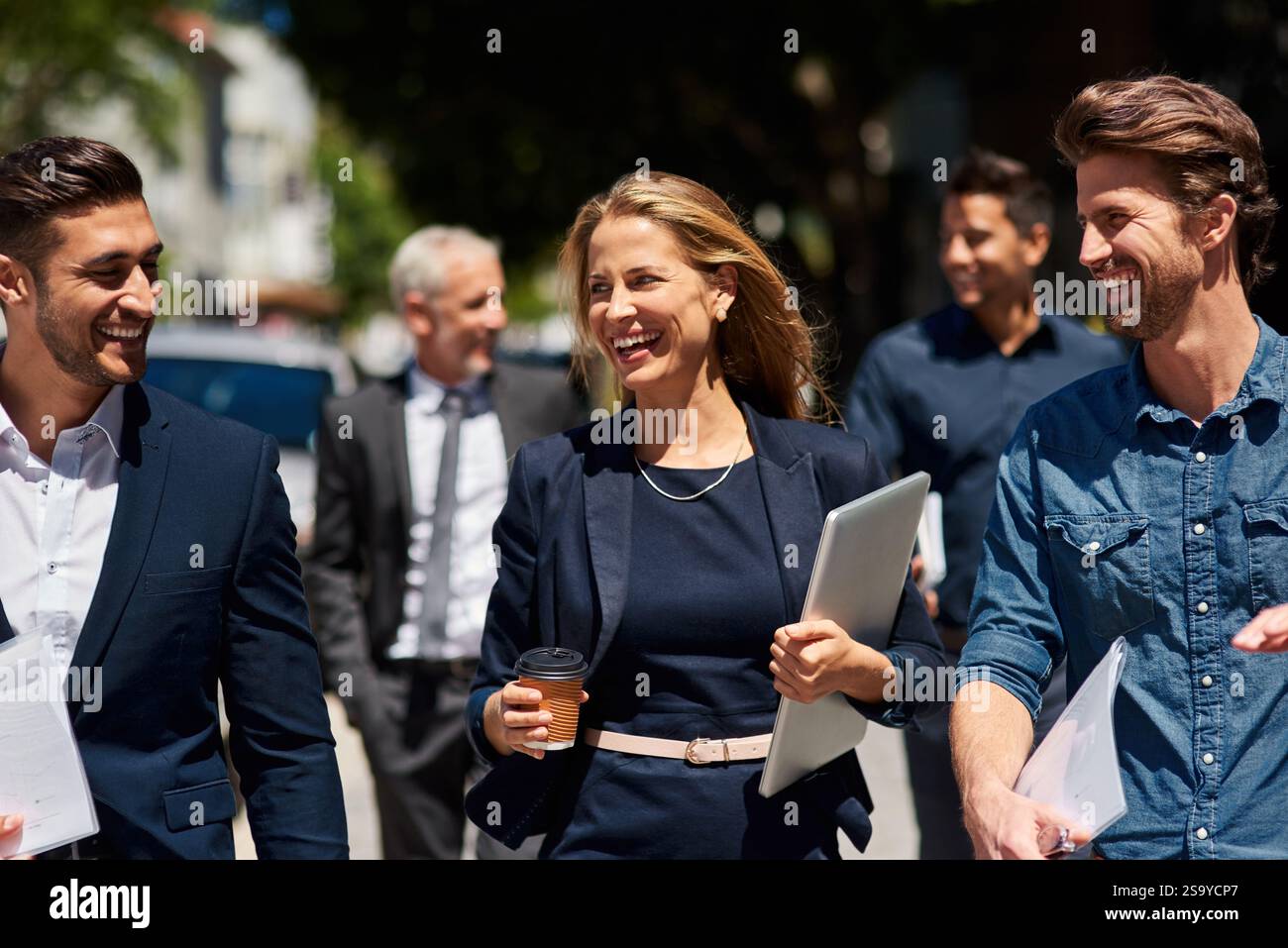 Business people, architect team and plan in city, laughing and ...