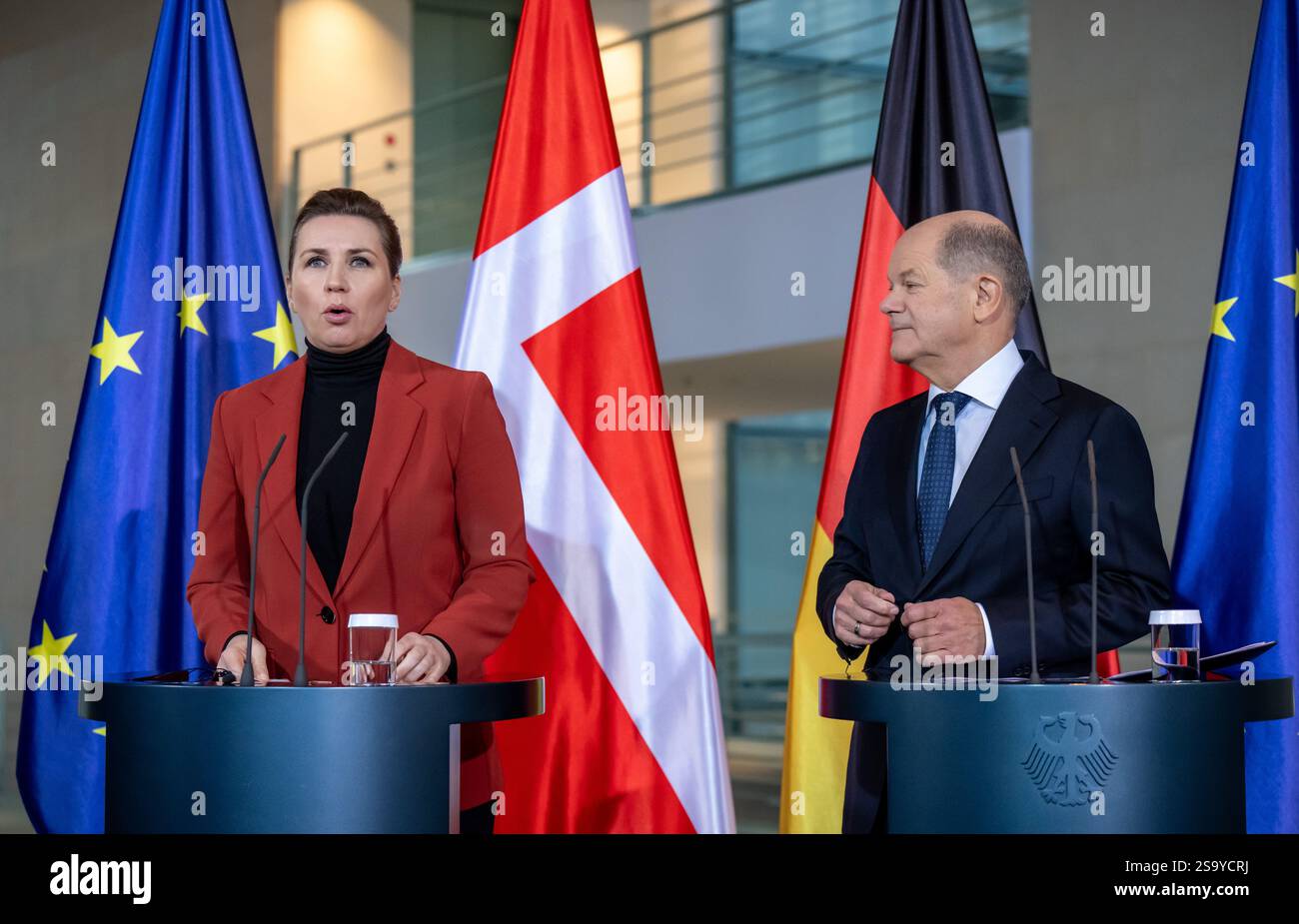 Berlin, Germany. 28th Jan, 2025. Mette Frederiksen (l), Prime Minister ...