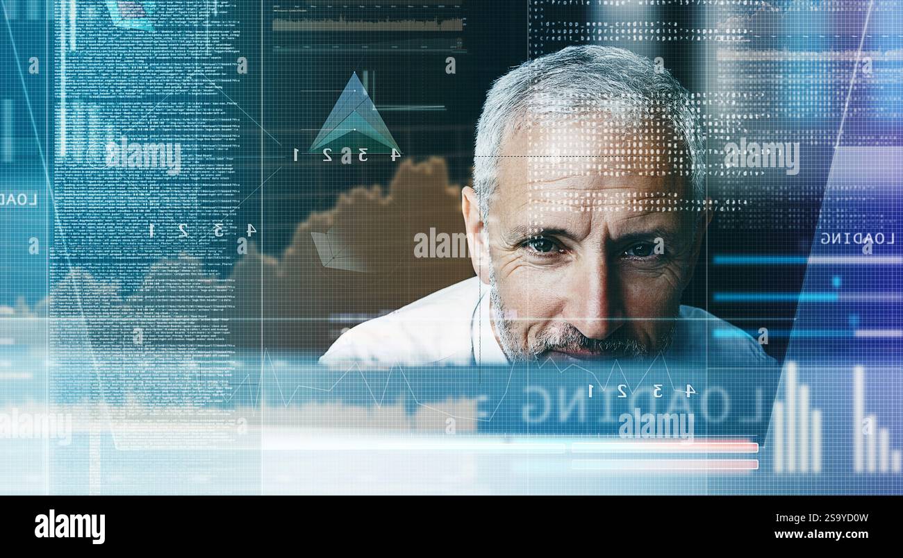 Business man, reading and hologram for programming, code and overlay ...