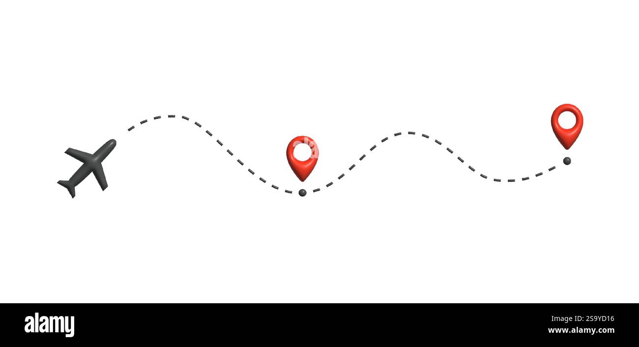 Airplane flying along curved dashed route with location markers ...