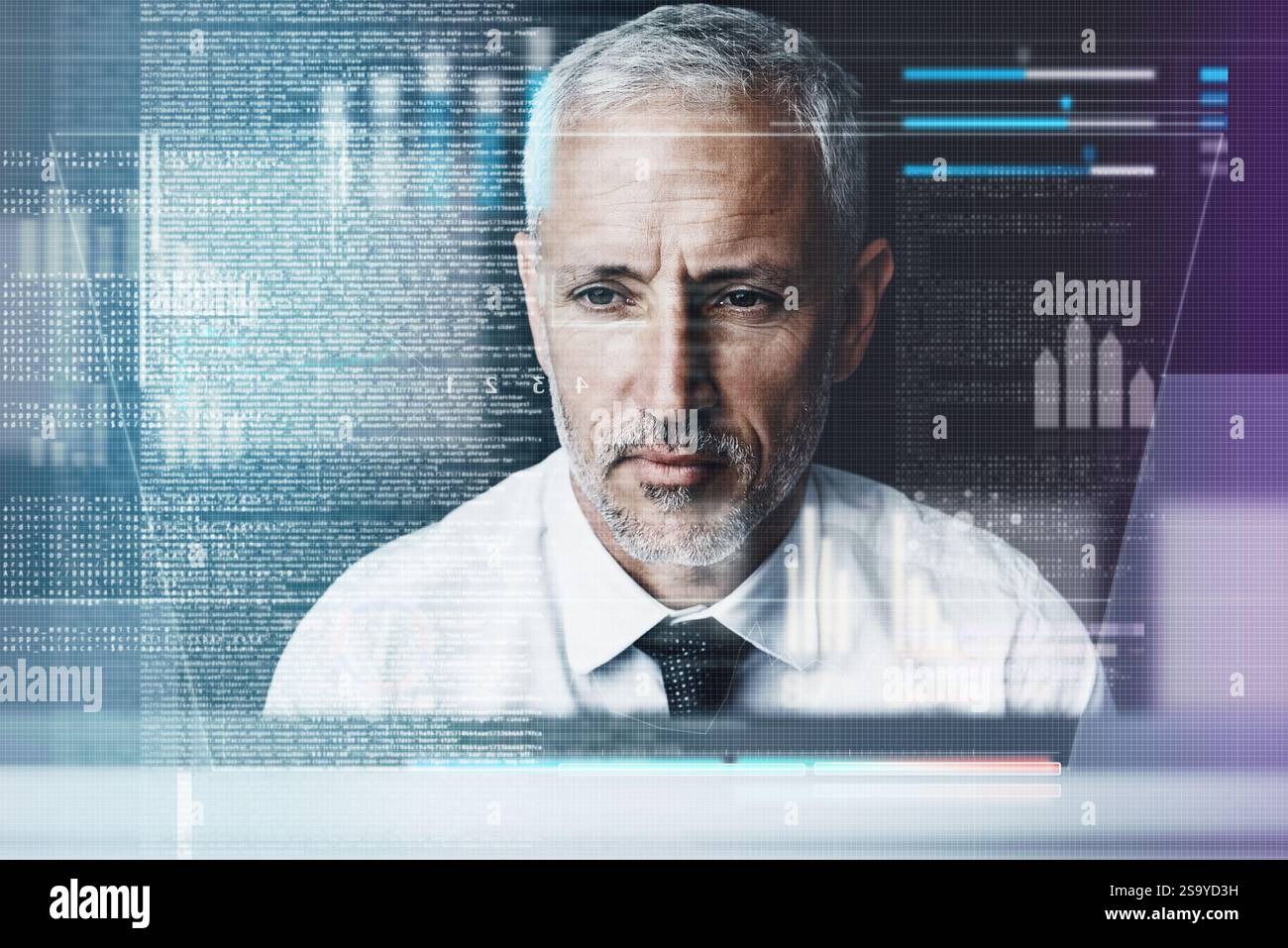 Business man, computer and overlay with code, reading and programming with charts on system at ...