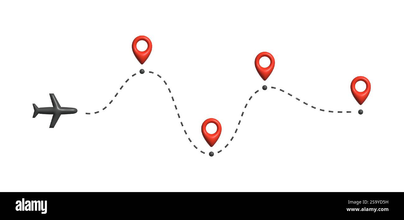 Airplane flying along dashed route with multiple location markers ...