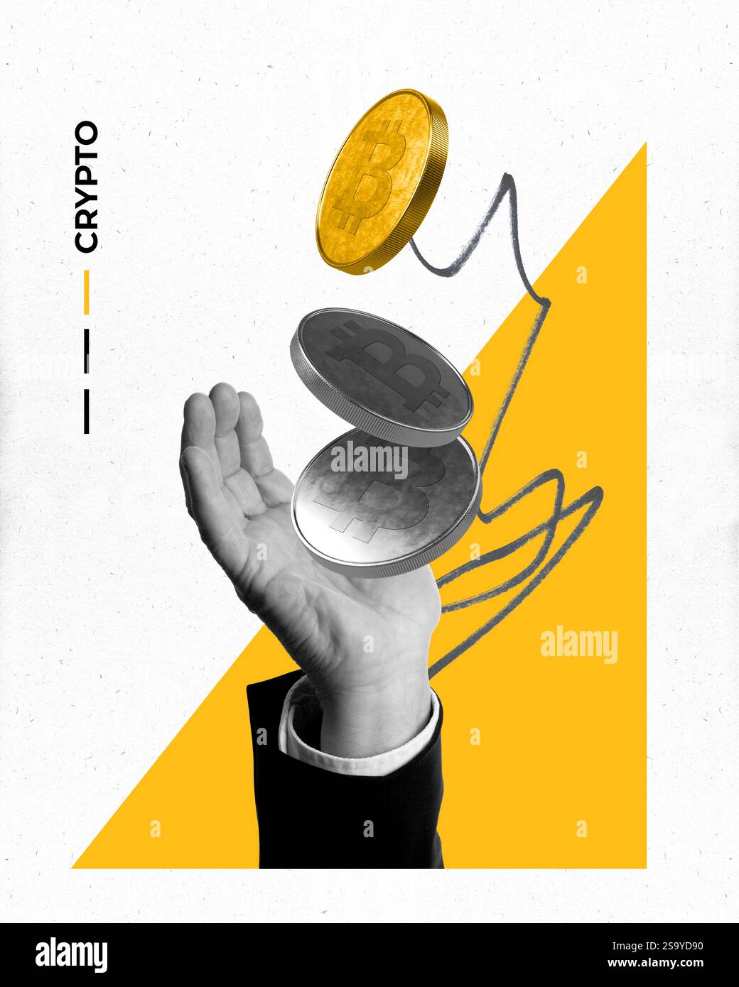 Conceptual art design. Hand tossing coins sings with CRYPTO text ...