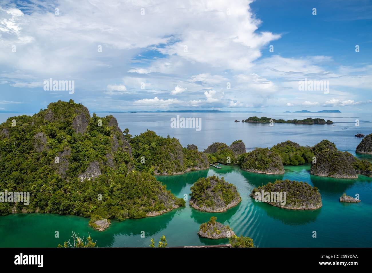 Aerial view of lush green Pianemo Islands in turquoise waters, with ...