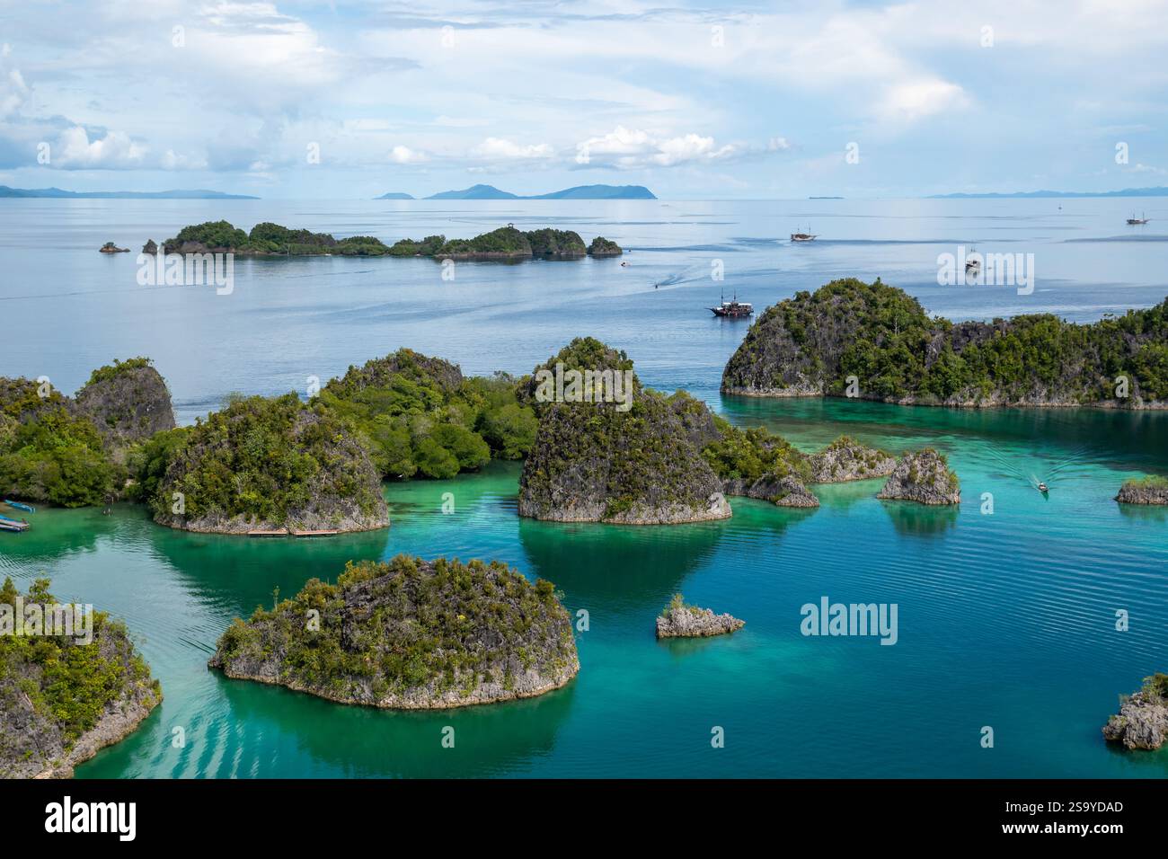 Aerial view of lush green Pianemo Islands in turquoise waters, with ...