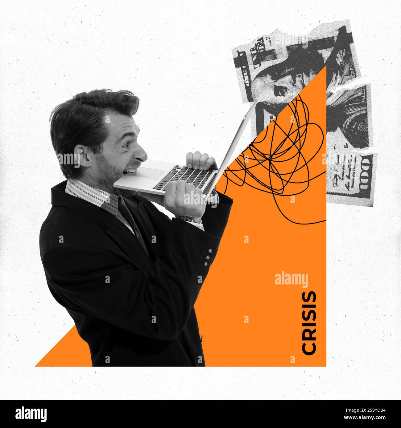 Modern art collage. Man biting laptop with ripped money in background ...