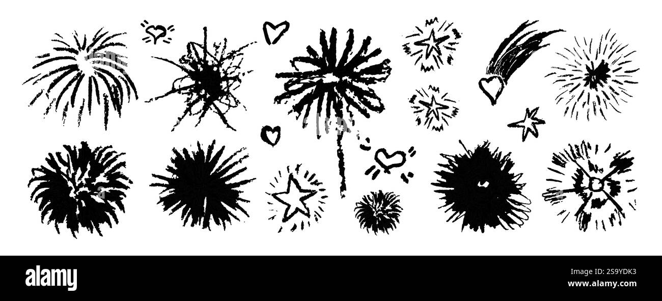 Firework set on white background. Crayon pencil drawing round geometric ...