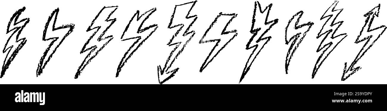 Set of lightning by wax pencil drawing. Collection of handdrawing chalk ...