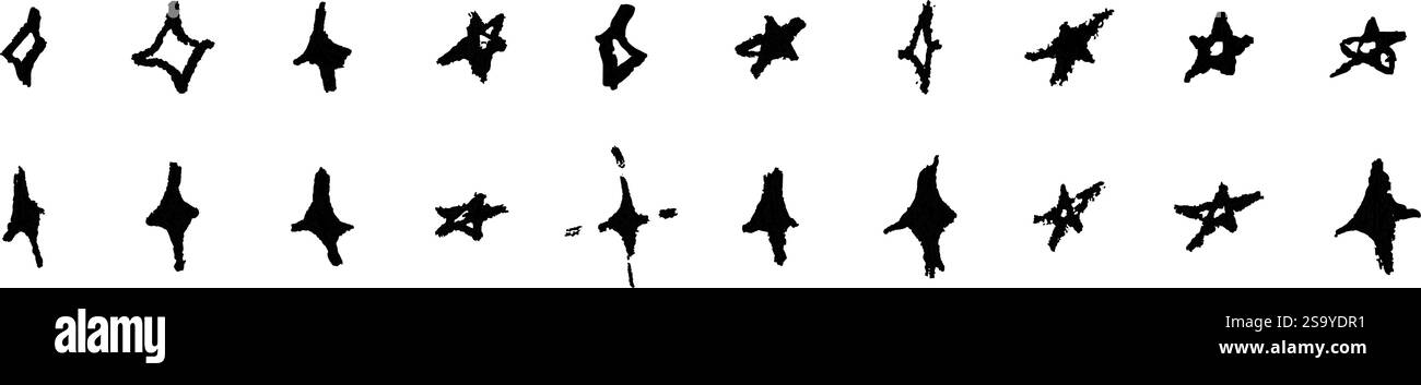 Set of fun like kid drawing black stars. Collection of wax pencil ...